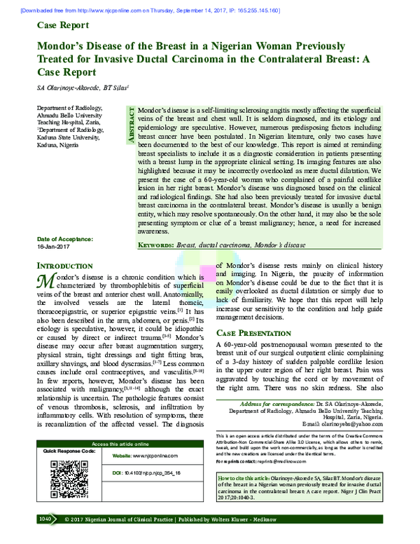 (PDF) Mondor's disease of the breast in a Nigerian woman previously ...