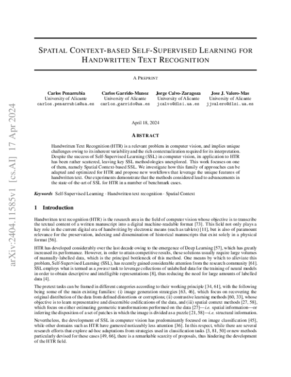 (PDF) Spatial Context-based Self-Supervised Learning for Handwritten Text Recognition