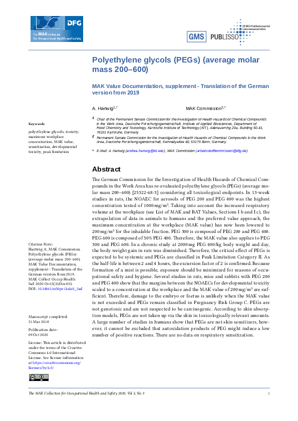 (PDF) Polyethylene glycols (PEGs) (average molar mass 200–600). MAK Value Documentation ...