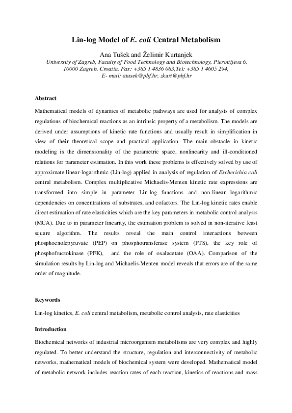 (PDF) Lin-log Model of E. coli Central Metabolism