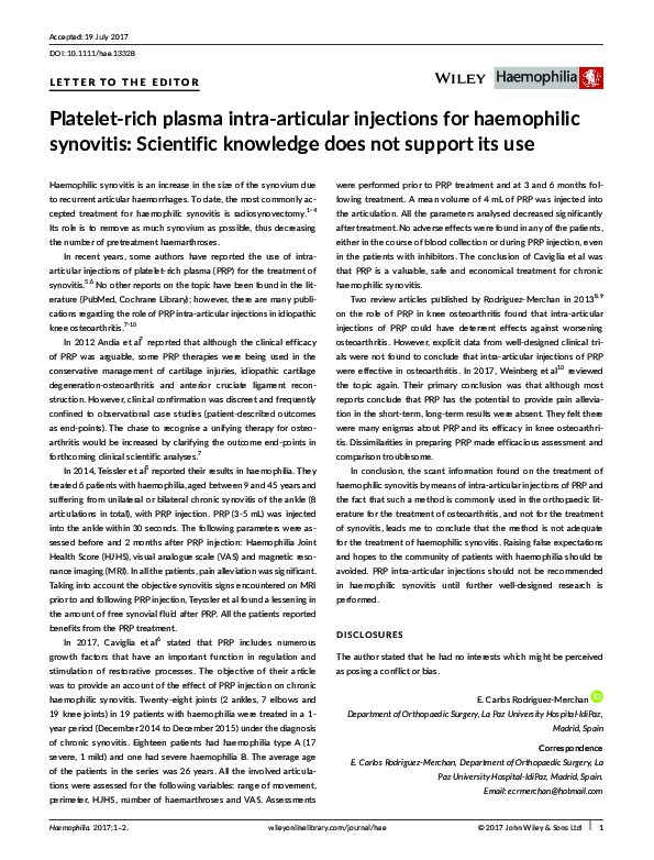 (PDF) Platelet-rich plasma intra-articular injections for cartilage degeneration and ...