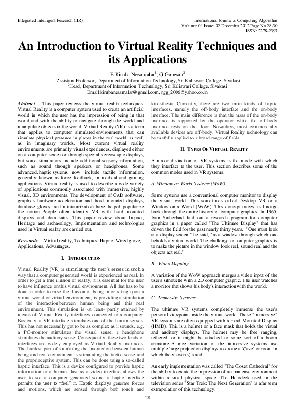 (PDF) An Introduction to Virtual Reality Techniques and its Applications