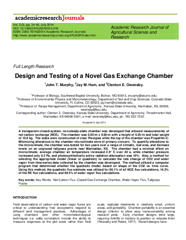 (PDF) Design and Testing of a Novel Gas Exchange Chamber