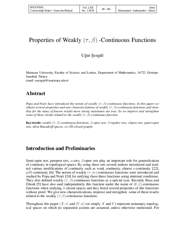(PDF) Properties of Weakly (τ, β)-Continuous Functions