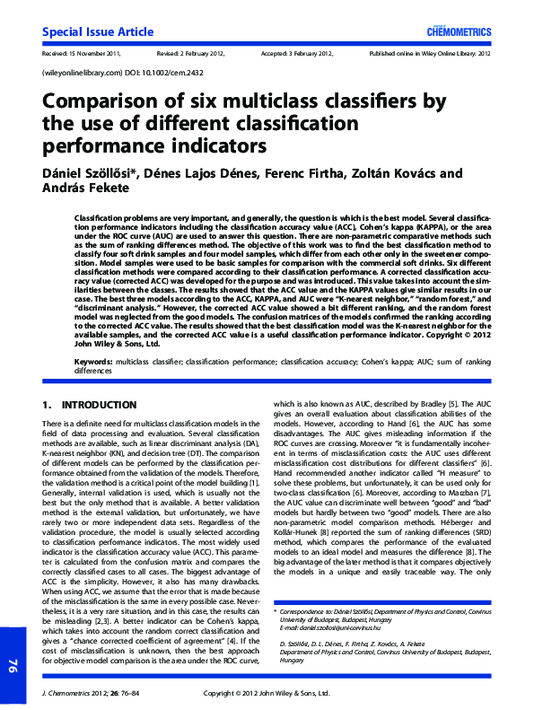 (PDF) Comparison of six multiclass classifiers by the use of different classification ...