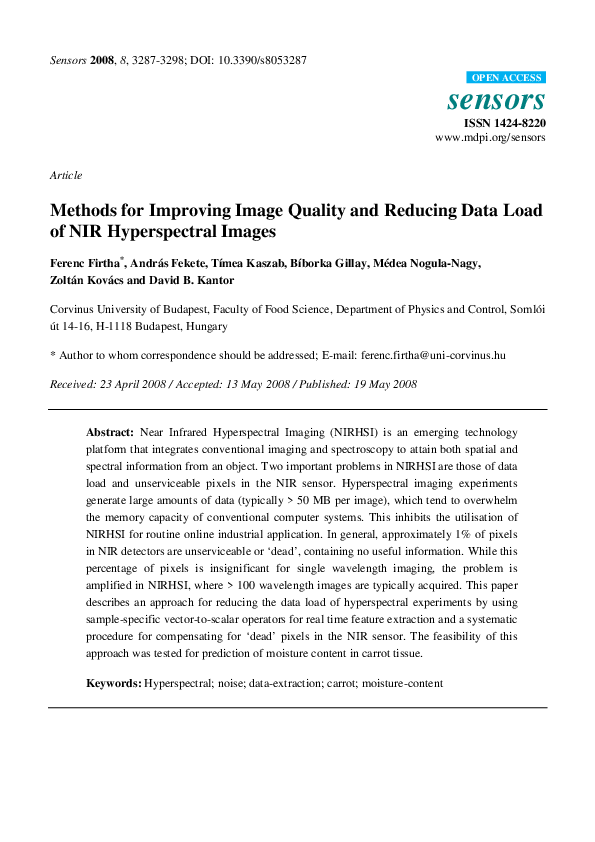 (PDF) Article Methods for Improving Image Quality and Reducing Data Load of NIR Hyperspectral Images