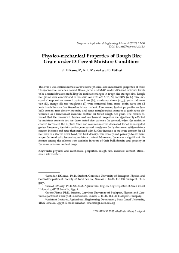 (PDF) Physico-mechanical properties of rough rice grain under different ...