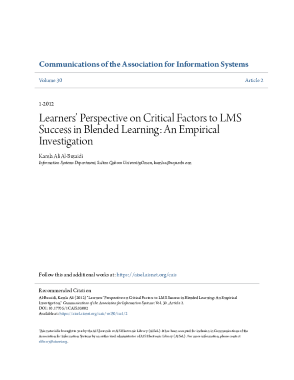 (PDF) Learners’ Perspective on Critical Factors to LMS Success in Blended Learning: An Empirical ...