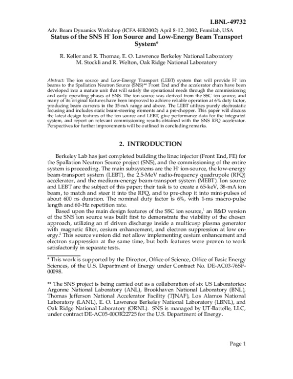 (PDF) Status of the SNS H− Ion Source and Low-Energy Beam Transport System