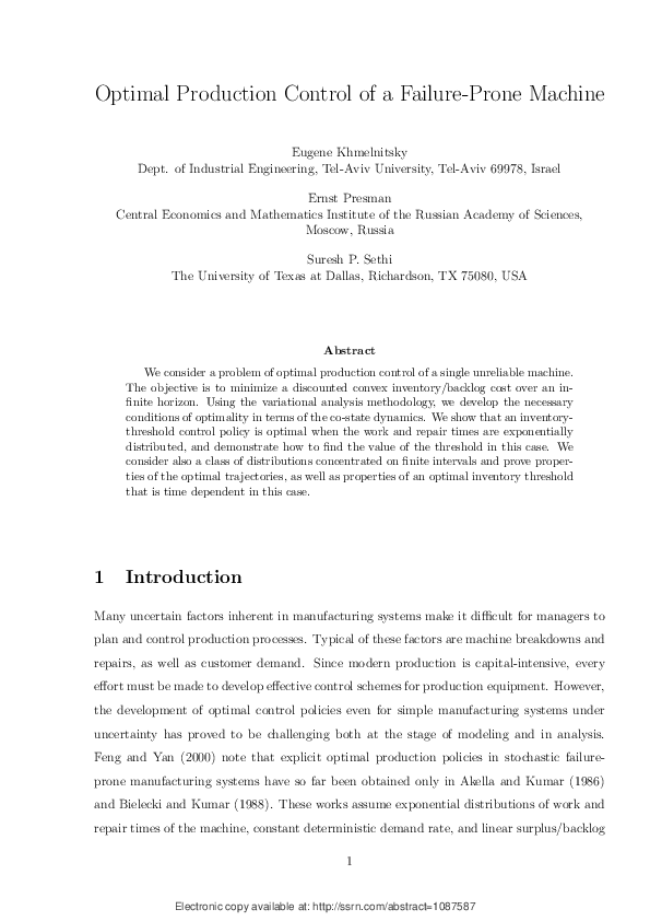 (PDF) Optimal production control of a failure-prone machine