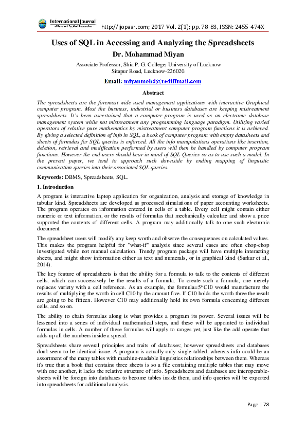 (PDF) Uses of SQL in Accessing and Analyzing the Spreadsheets