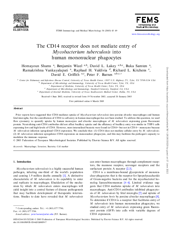 (PDF) The CD14 receptor does not mediate entry ofMycobacterium tuberculosisinto human ...