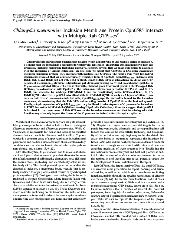 (PDF) Chlamydia pneumoniae Inclusion Membrane Protein Cpn0585 Interacts ...