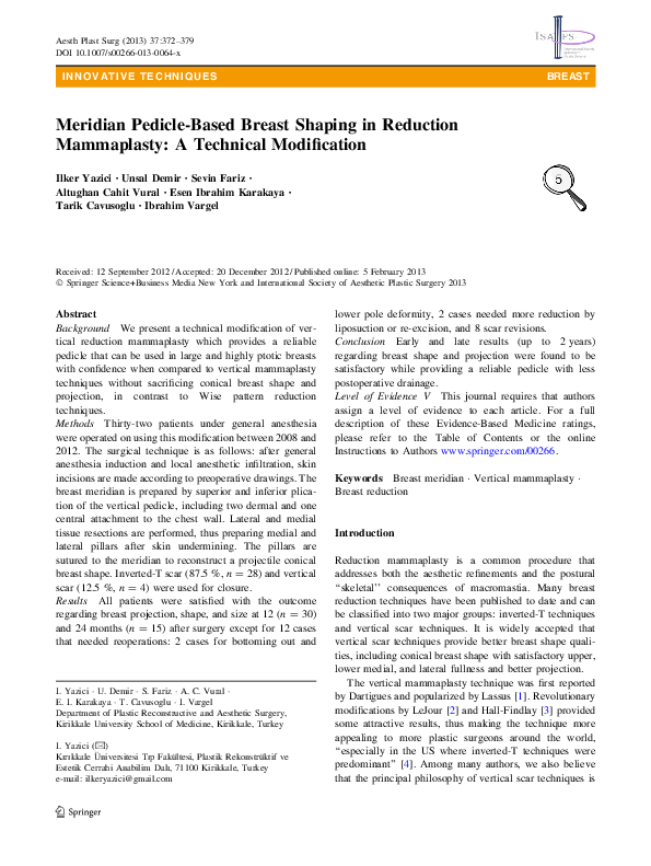 (PDF) Meridian Pedicle-Based Breast Shaping in Reduction Mammaplasty: A ...