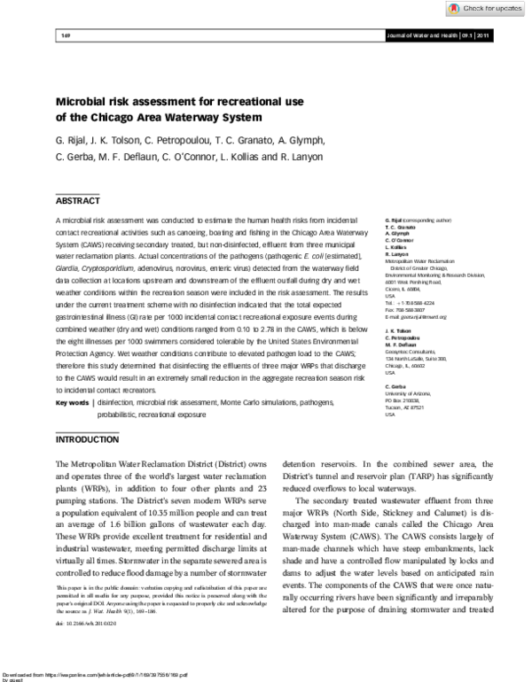 (PDF) Microbial risk assessment for recreational use of the Chicago Area Waterway System