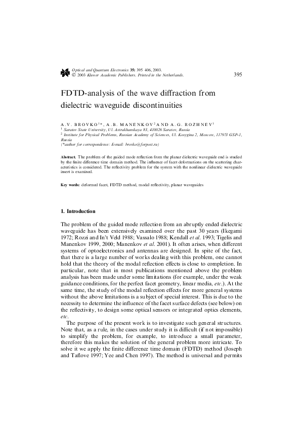 Pdf Fdtd Analysis Of The Wave Diffraction From Dielectric Waveguide Discontinuities