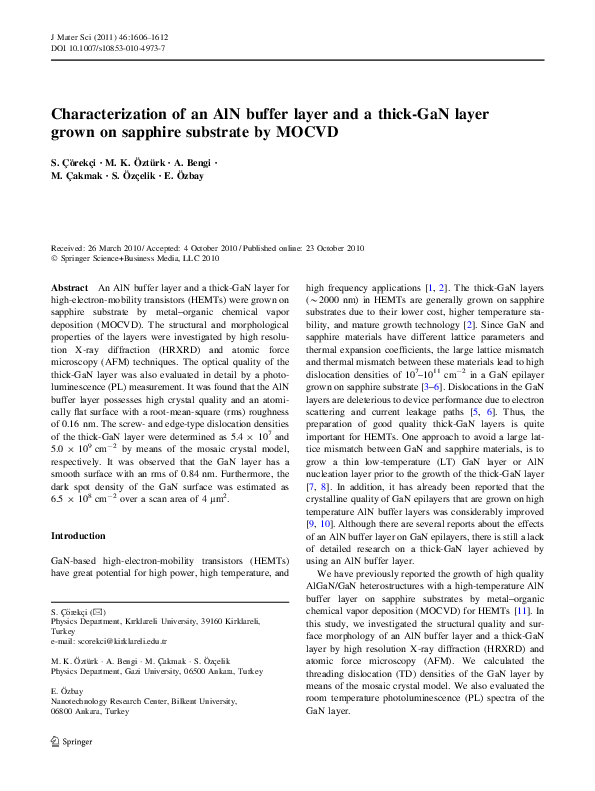 Pdf Characterization Of An Aln Buffer Layer And A Thick Gan Layer