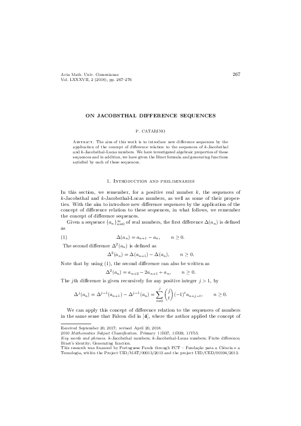 (PDF) On Jacobsthal difference sequences
