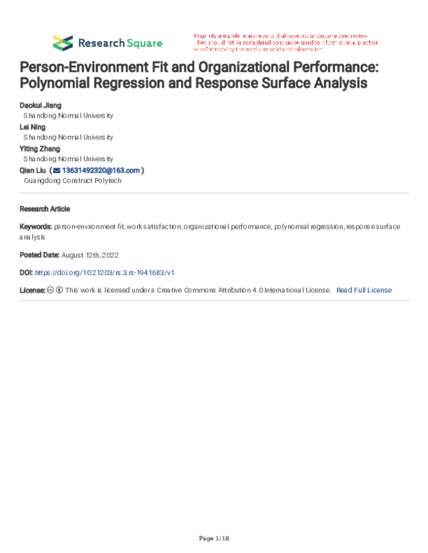 (PDF) Person-Environment Fit and Organizational Performance: Polynomial Regression and Response ...