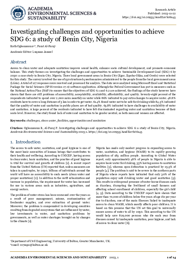 (PDF) Investigating Challenges and Opportunities to Achieve SDG6 by 2030: A Case Study of Benin ...