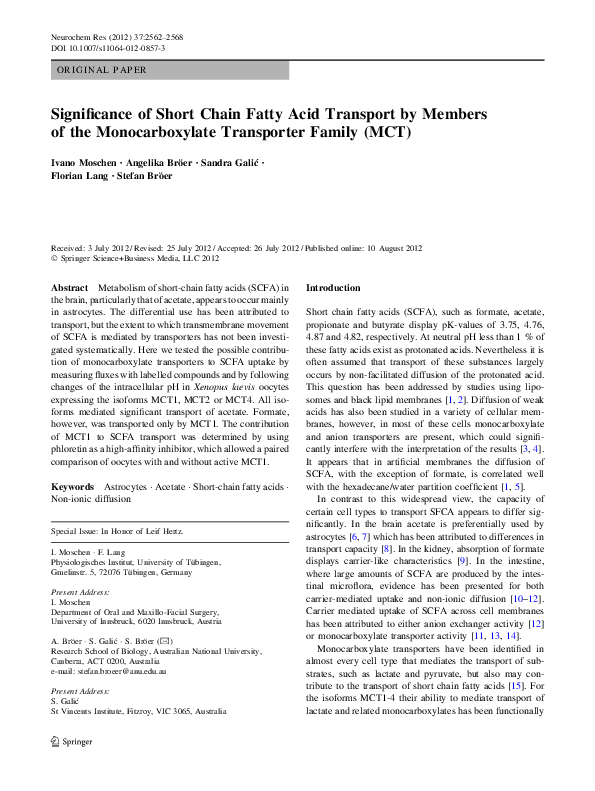 (PDF) Significance of Short Chain Fatty Acid Transport by Members of ...