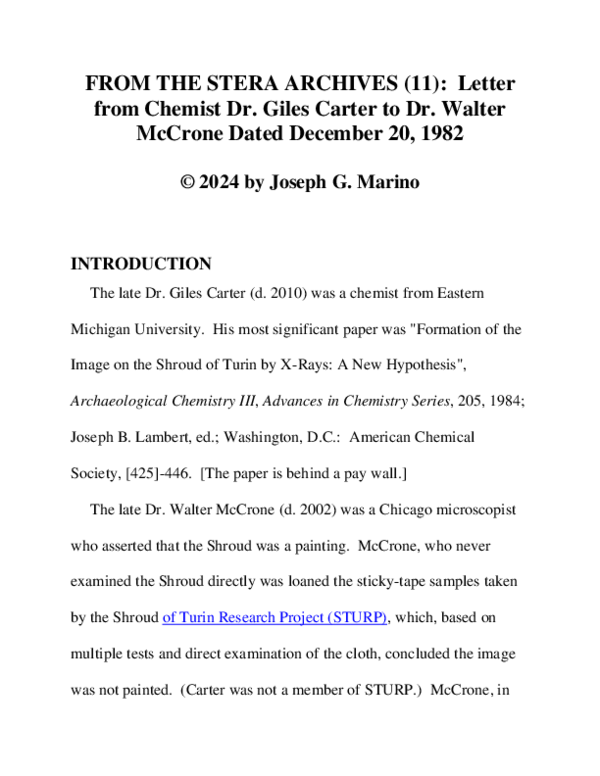 (PDF) FROM THE STERA ARCHIVES (11) Letter from chemist Dr Giles Carter ...
