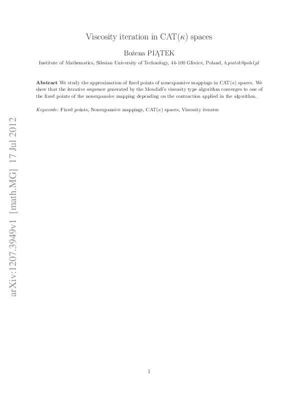 (PDF) Viscosity Iteration in CAT(κ) Spaces