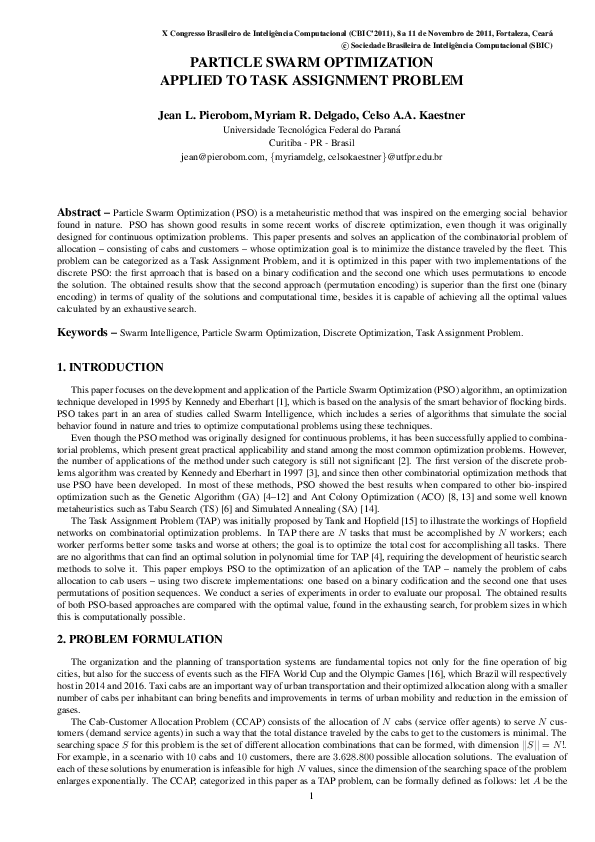 Pdf Particle Swarm Optimization Applied To Task Assignment Problem