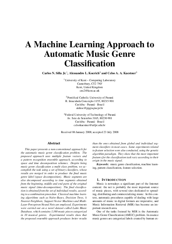 (PDF) A machine learning approach to automatic music genre classification