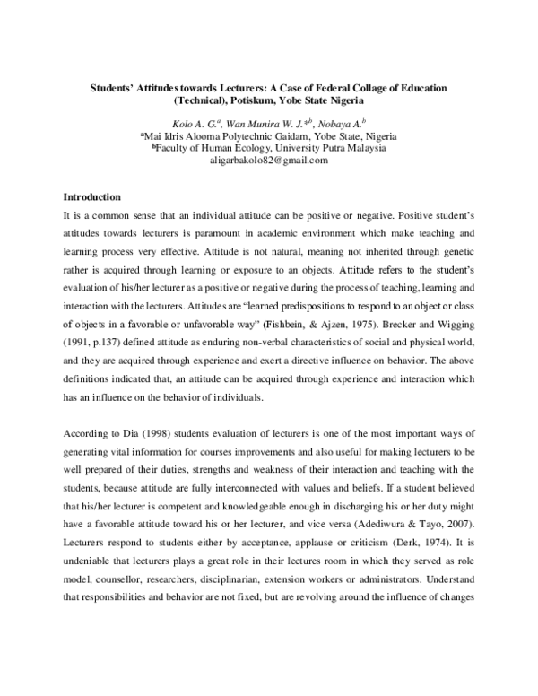 (PDF) Students' attitudes towards lecturers: a case of Federal Collage of Education (Technical ...