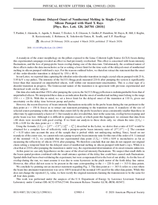 (PDF) Erratum: Delayed Onset of Nonthermal Melting in Single-Crystal Silicon Pumped with Hard X ...