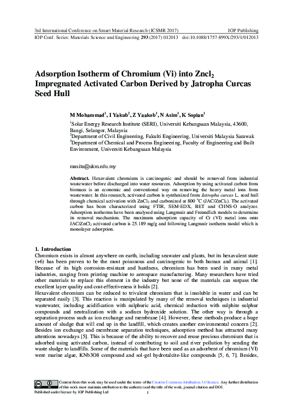 (PDF) Adsorption Isotherm of Chromium (Vi) into Zncl2Impregnated Activated Carbon Derived by ...