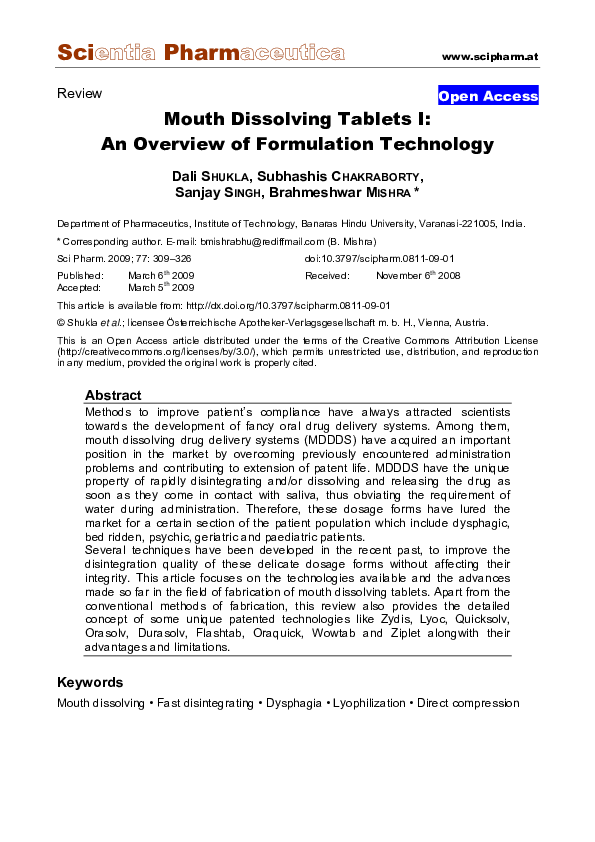 Pdf Mouth Dissolving Tablets I An Overview Of Formulation Technology