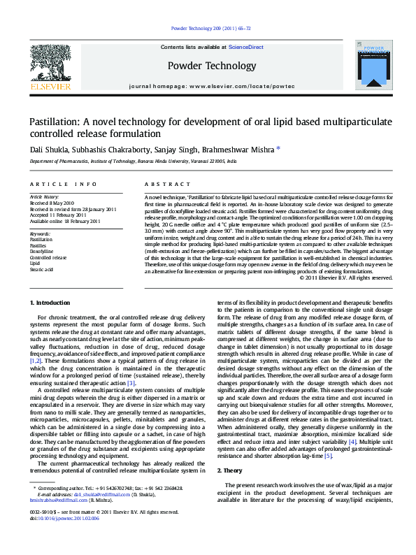 Pdf Pastillation A Novel Technology For Development Of Oral Lipid Based Multiparticulate