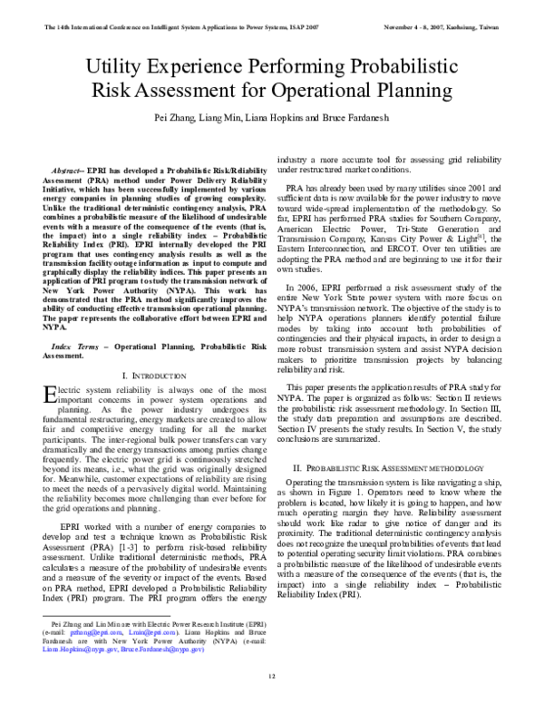 (PDF) Utility Experience Performing Probabilistic Risk Assessment for Operational Planning