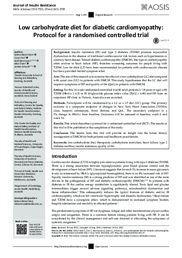 (PDF) Low carbohydrate diet for diabetic cardiomyopathy: Protocol for a ...