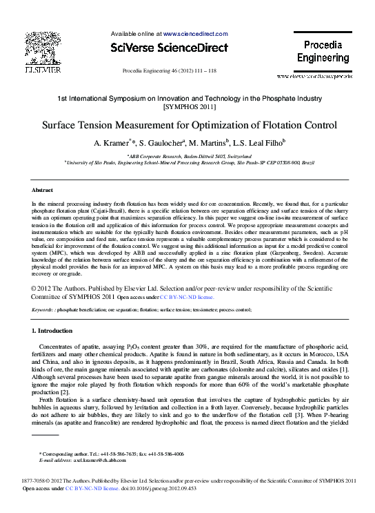 (PDF) Surface Tension Measurement for Optimization of Flotation Control