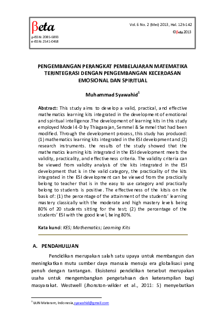 (PDF) Pengembangan Perangkat Pembelajaran Matematika Terintegrasi dengan Pengembangan Kecerdasan ...