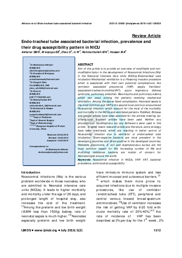 (PDF) Endo-Tracheal Tube Associated Bacterial Infection, Prevalence and ...