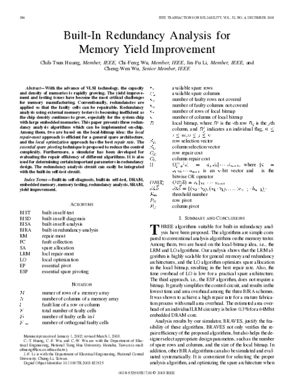 (PDF) Built-in redundancy analysis for memory yield improvement