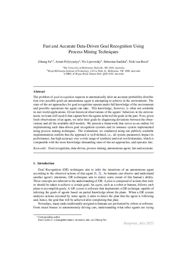 (PDF) Fast and Accurate Data-Driven Goal Recognition Using Process Mining Techniques | Artem ...