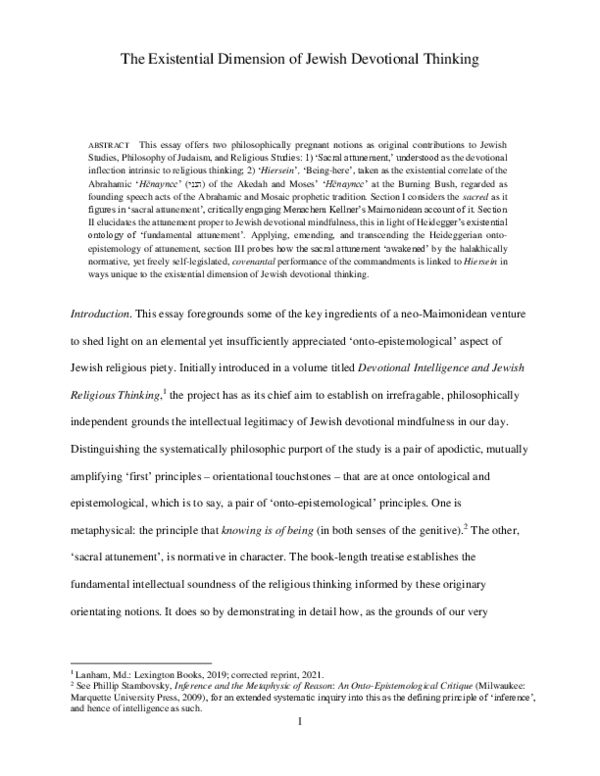 (PDF) The Existential Dimension of Jewish Devotional Thinking