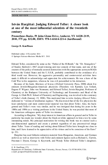(PDF) István Hargittai: Judging Edward Teller: A closer look at one of ...