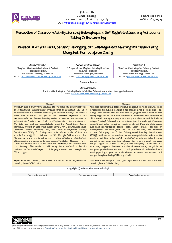 (PDF) Perception of Classroom Activity, Sense of Belonging, and Self ...