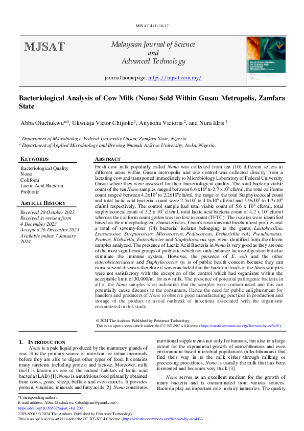 (PDF) Bacteriological Analysis of Cow Milk (Nono) Sold Within Gusau ...