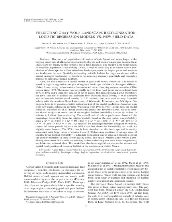 (PDF) Predicting Gray Wolf Landscape Recolonization: Logistic Regression Models vs. New Field Data