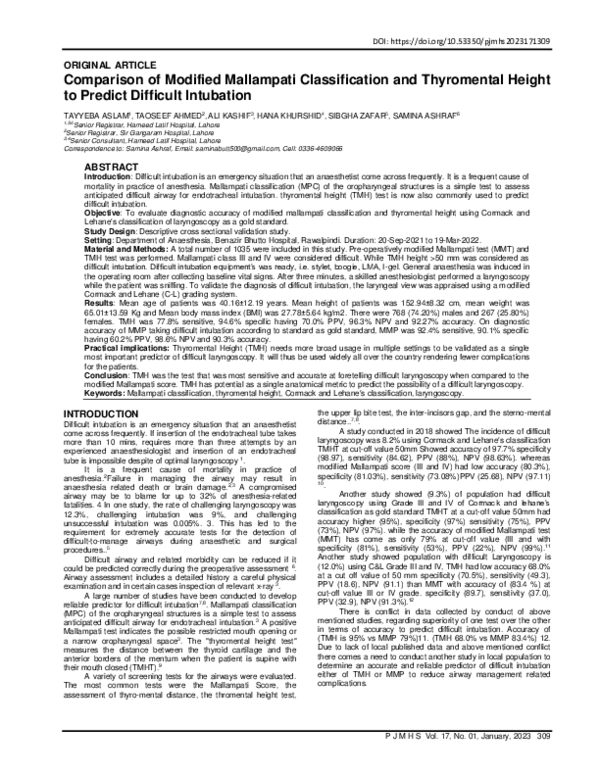 (PDF) Comparison of Modified Mallampati Classification and Thyromental ...