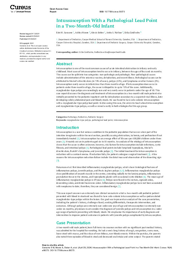 (PDF) Intussusception With a Pathological Lead Point in a Two-Month-Old ...