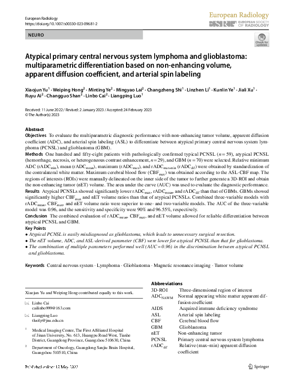 (PDF) Atypical primary central nervous system lymphoma and glioblastoma: multiparametric ...