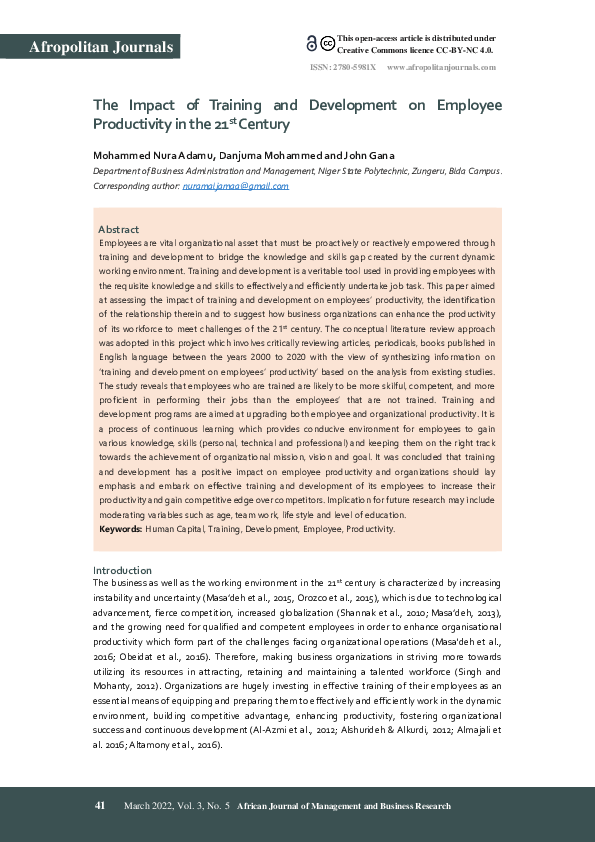 (PDF) The Impact of Training and Development on Employee Productivity ...